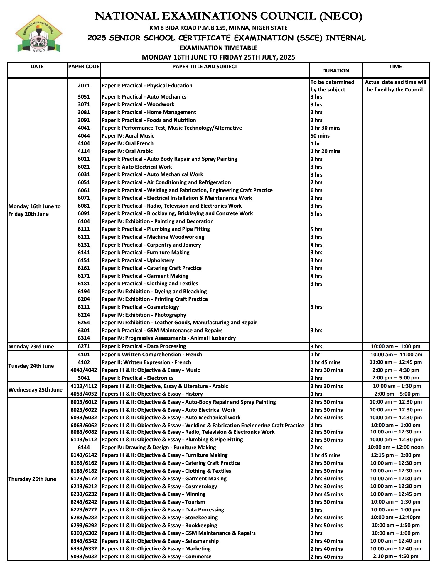 2025 NECO Timetable Is Out: Full Exam Dates, Practicals & Guidelines ...